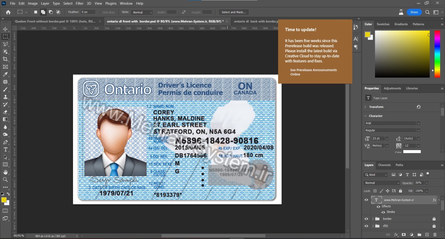 Canada Ontario Driving Licence Template - Mehran System